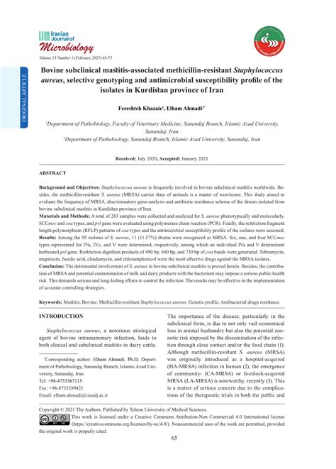 Pdf Bovine Subclinical Mastitis Associated Methicillin Resistant