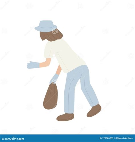 Cheerful Young Woman Holding Black Trash Bag Stock Vector