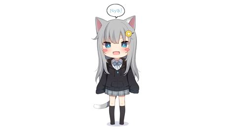 Amashiro Natsuki Animal Ears Aqua Eyes Blush Bow Catgirl Chibi Fang