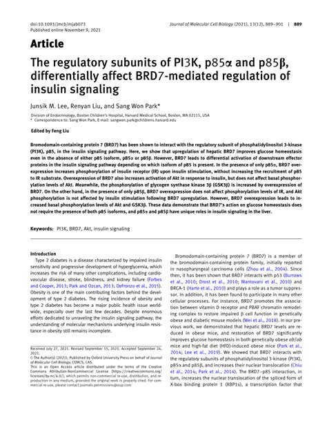 Pdf The Regulatory Subunits Of Pi3k P85α And P85β Differentially