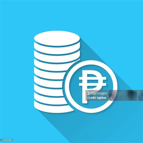 Peso Coins Stack Icon On Blue Background Flat Design With Long Shadow