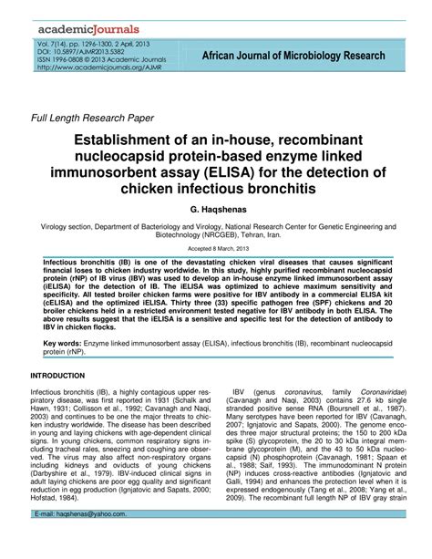 Pdf Establishment Of An In House Recombinant Nucleocapsid Protein Based Enzyme Linked