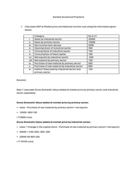 Sample Numerical Problems Pdf Value Added Gross Domestic Product