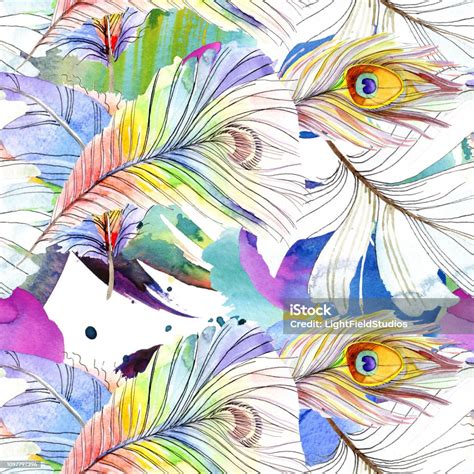 다채로운 조류 깃털 날개 고립 수채화 그리기 패션 해당 격리입니다 원활한 배경 패턴입니다 공작 깃털에 대한 스톡 벡터 아트 및 기타 이미지 Istock