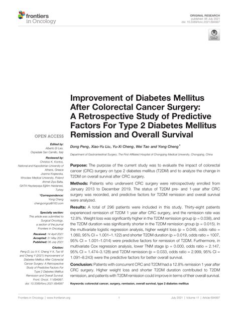 Pdf Improvement Of Diabetes Mellitus After Colorectal Cancer Surgery