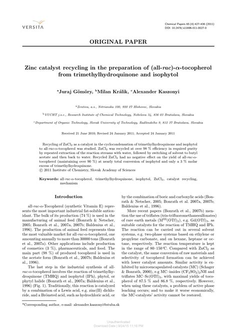 Pdf Zinc Catalyst Recycling In The Preparation Of All Rac α Tocopherol From