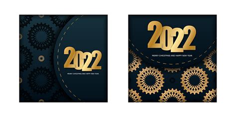 빈티지 골드 패턴과 전단지 템플릿 2022 메리 크리스마스 다크 블루 2022년에 대한 스톡 벡터 아트 및 기타 이미지