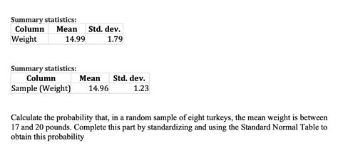 Solved Summary Statistics Column Mean Std Dev Weight Chegg