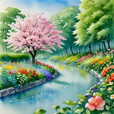 Free Picture Colorful Watercolor Landscape Of Springtime Flowers