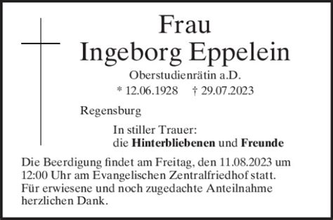 Traueranzeigen Von Ingeborg Eppelein Mittelbayerische Trauer