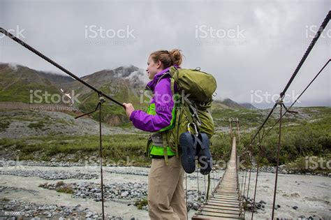 산에서 바라보는 서스펜션 브리지에 서 있는 배낭여행자 교량에 대한 스톡 사진 및 기타 이미지 교량 알래스카 하이킹