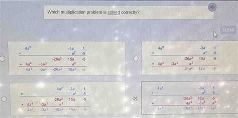 solved which multiplication problem is solved correctly clear frac
