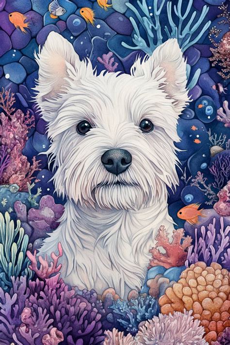 흰 테리어와 다채로운 해양 생물 수채화 일러스트