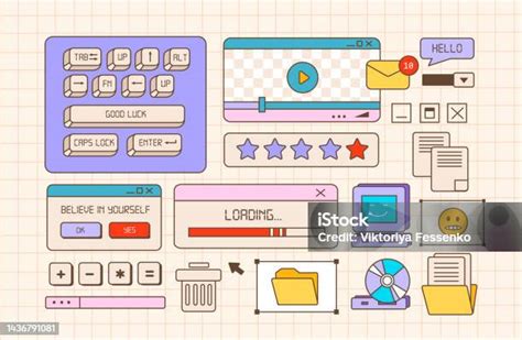 8090 년대의 증기파 스타일의 브라우저 창 메시지 창 및 팝업 사용자 인터페이스 요소가 있는 데스크톱 Pc입니다 오래된 사용자 인터페이스와 키보드 벡터 일러스트 레이 션