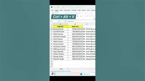 Excel Amazing Hacks Add 91 And Add Mr Before Name Exceltips