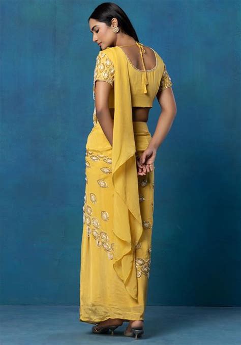 Buy Women Yellow Pre Stitched Saree Set With Sequin Bead Hand