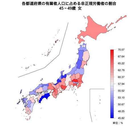 各都道府県の有業者人口に占める非正規労働者の割合 45～49歳 女