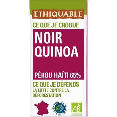 Ethiquable Commerce Equitable Chocolat Noir Quinoa 65 Cacao Bio du Perou ou d Equateur ou Haïti