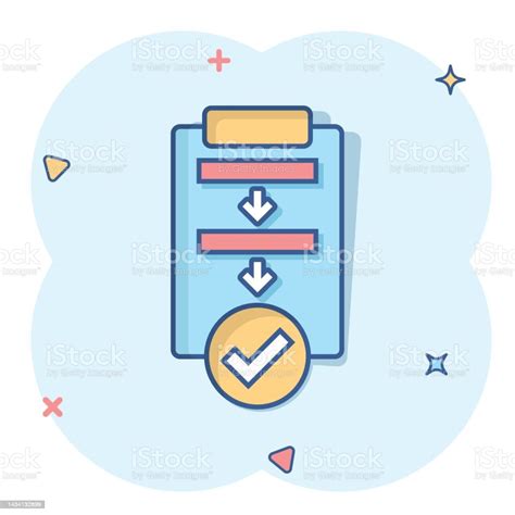 코믹 스타일의 프로시저 목록 아이콘입니다 흰색 격리 된 배경에 문서 프로젝트 만화 벡터 그림입니다 체크리스트 스플래시 효과 비즈니스 개념 개념에 대한 스톡 벡터 아트 및