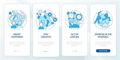 균형 잡힌 삶을 사는 방법 블루 온보딩 모바일 앱 화면 내부 평화 연습은 선형 개념이 있는 4단계 그래픽 지침 페이지입니다 Ui Ux Gui 템플릿입니다 무수히