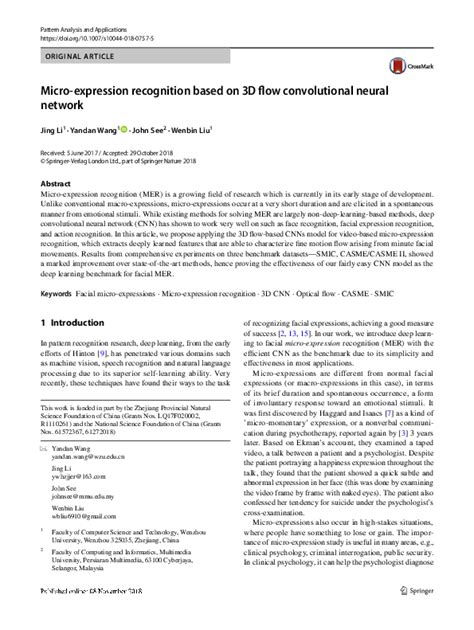 Pdf Pattern Analysis And Applications Micro‑expression Recognition Based On 3d Flow