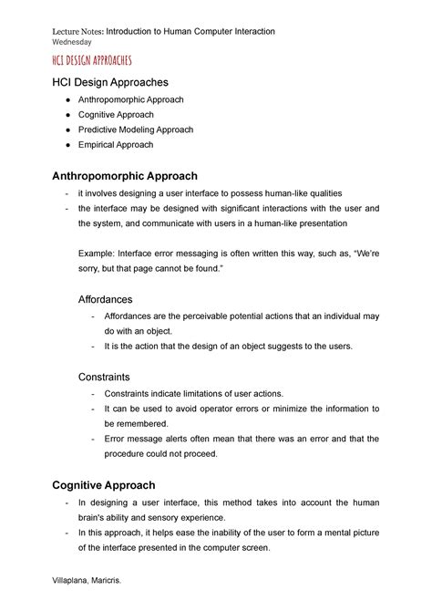 Hci Design Approaches Week Lecture Notes Lecture Notes Introduction To Human Computer
