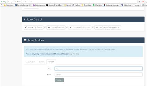 laravel forge configuration what to put in server providers amazon