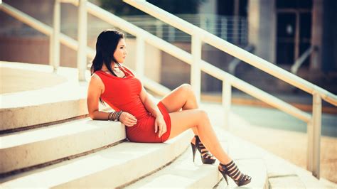 Red Dress Sitting Brunette Dark Hair Stairs Tight Clothing Women