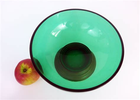 Vintage Green Glass Bowl Brass Pedestal Base Large Serving Salad