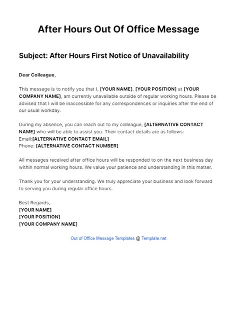 Free After Hours Out Of Office Message Template To Edit Online
