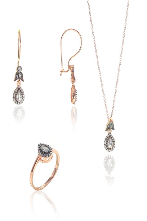 GÜmÜŞ Gümüş Rose Zirkon Taşlı Elmas Montürlü Damla Set Sgtl9005 1079