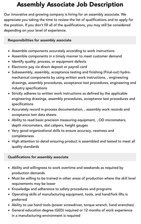Assembly Associate Job Description Velvet Jobs