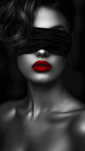 Woman Blind Face Red Lips Background Blindfold Alluring Grey Scale