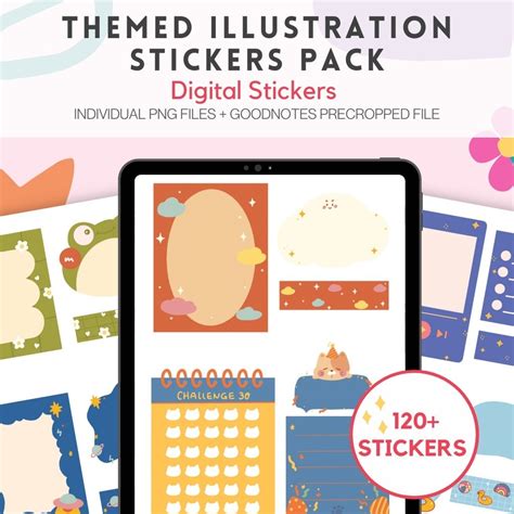 Themed Illustration Stickers Pack Cute Goodnotes Png Digital Stickers