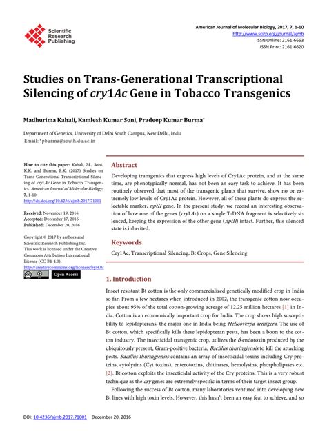 Pdf Studies On Trans Generational Transcriptional Silencing Of Cry1ac