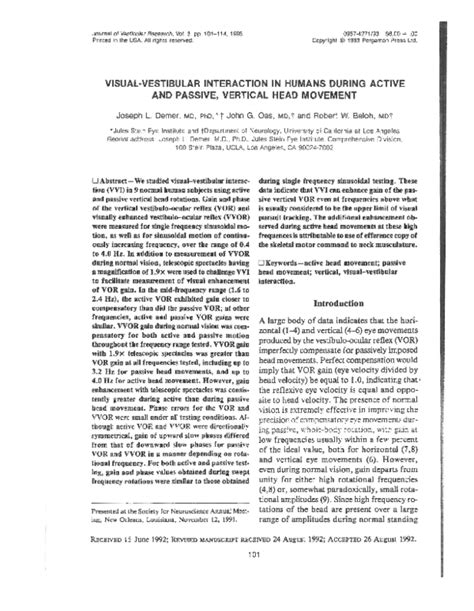 Pdf Visual Vestibular Interaction In Humans During Active And Passive Vertical Head Movement1