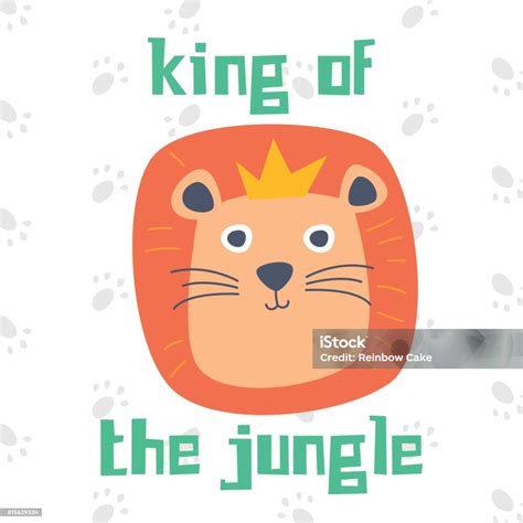 귀여운 미소 행복 한 사자 정글 킹 멋진 T셔츠 찻잔 가방 도시락 벽지 래퍼 포스터 및 배너 디자인을 아이 들을 위한 평면 벡터 일러스트 레이 션 구름에 대한 스톡 벡터