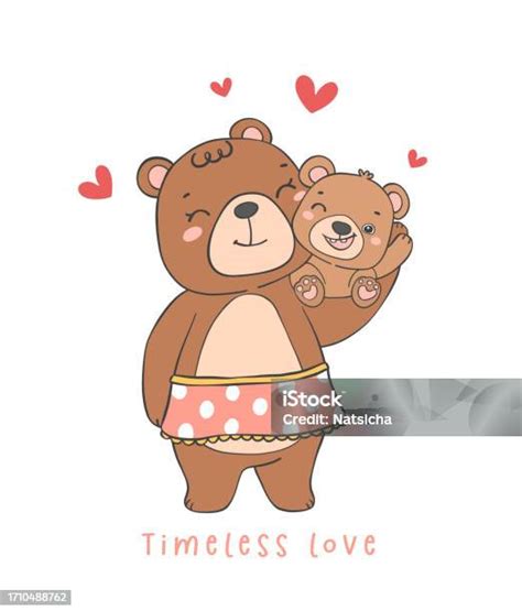 귀여운 어미 곰과 아기 곰이 함께 훈훈한 순간을 보내고 있다 만화 낙서 일러스트레이션 어머니의 날 감정에 대한 스톡 벡터 아트