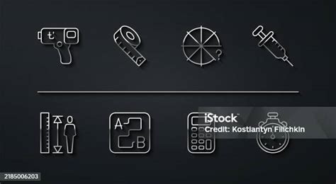 라인 디지털 온도계 측정 높이 본체 주사기 계산기 경로 위치 테이프 스톱워치 및 조각의 원 아이콘을 설정합니다 벡터 가리키기에 대한 스톡 벡터 아트 및 기타 이미지 Istock