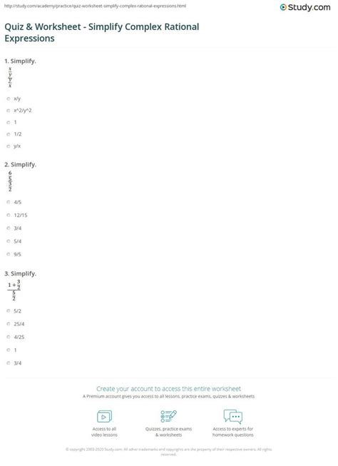 Multiplying Rational Expressions Worksheet Quiz And Worksheet Simplify