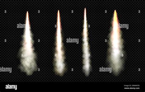 Rocket launch smoke trail with fire flame vector. Isolated realistic jet takeoff explosion speed ...