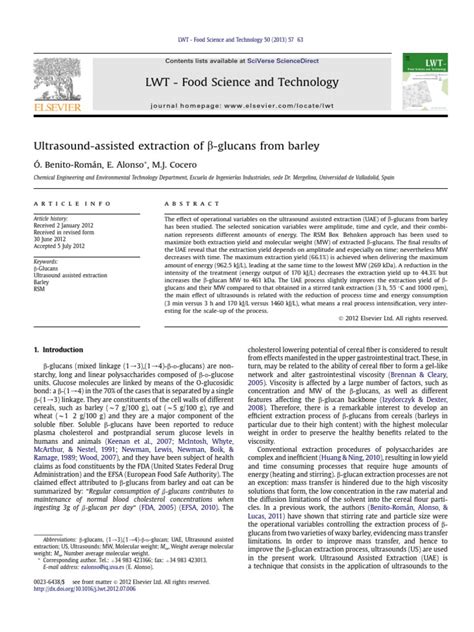 Ultrasound Assisted Extraction Of β Glucans From Barley Pdf Analysis Of Variance Ultrasound