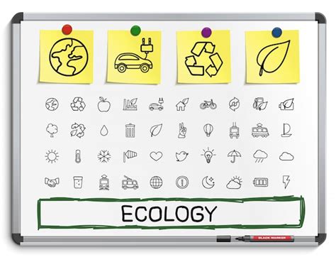 생태 손 선 아이콘을 그리기입니다 낙서 그림 세트 종이 스티커와 함께 흰색 마커 보드에 스케치 기호 그림 에너지 친환경 환경 나무 녹색 재활용 바이오 청소