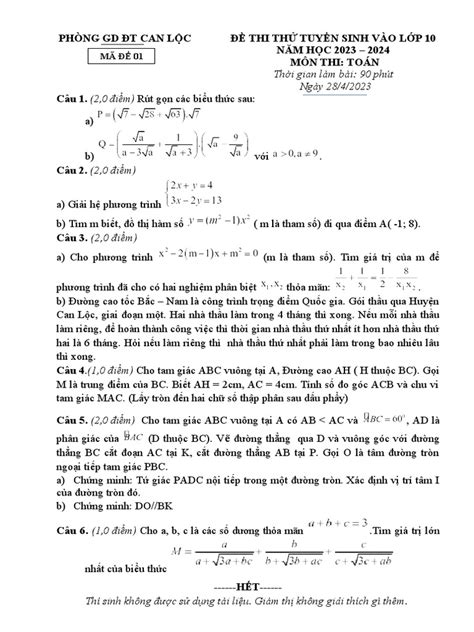 Hdc Thi Thử Toán Váo Lớp 10 Năm Học 2023 2024 Lần 4 Ct Pdf