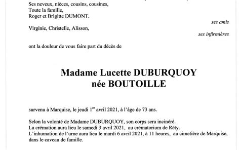 Madame Lucette DUBURQUOY Pompes Funèbres Toupet Sotty