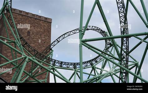Green Coloured Rollercoaster Track And Huge Construction Of An Extreme Coaster At Hansa Park