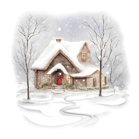 Antiga casa em estilo vintage sob a neve ilustração em vetor aquarela