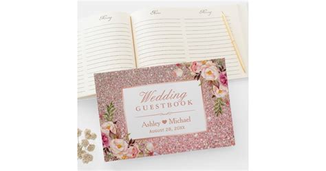 Rose Gold Glitter Blush Pink Floral Wedding Guest Book Zazzle