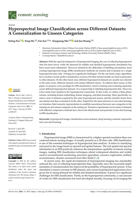 Pdf Hyperspectral Image Classification Across Different Datasets A Generalization To Unseen