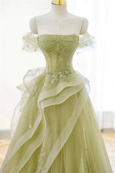 A Line Green Off The Shoulder Tulle Lace Appliques Long Prom Dress Fo